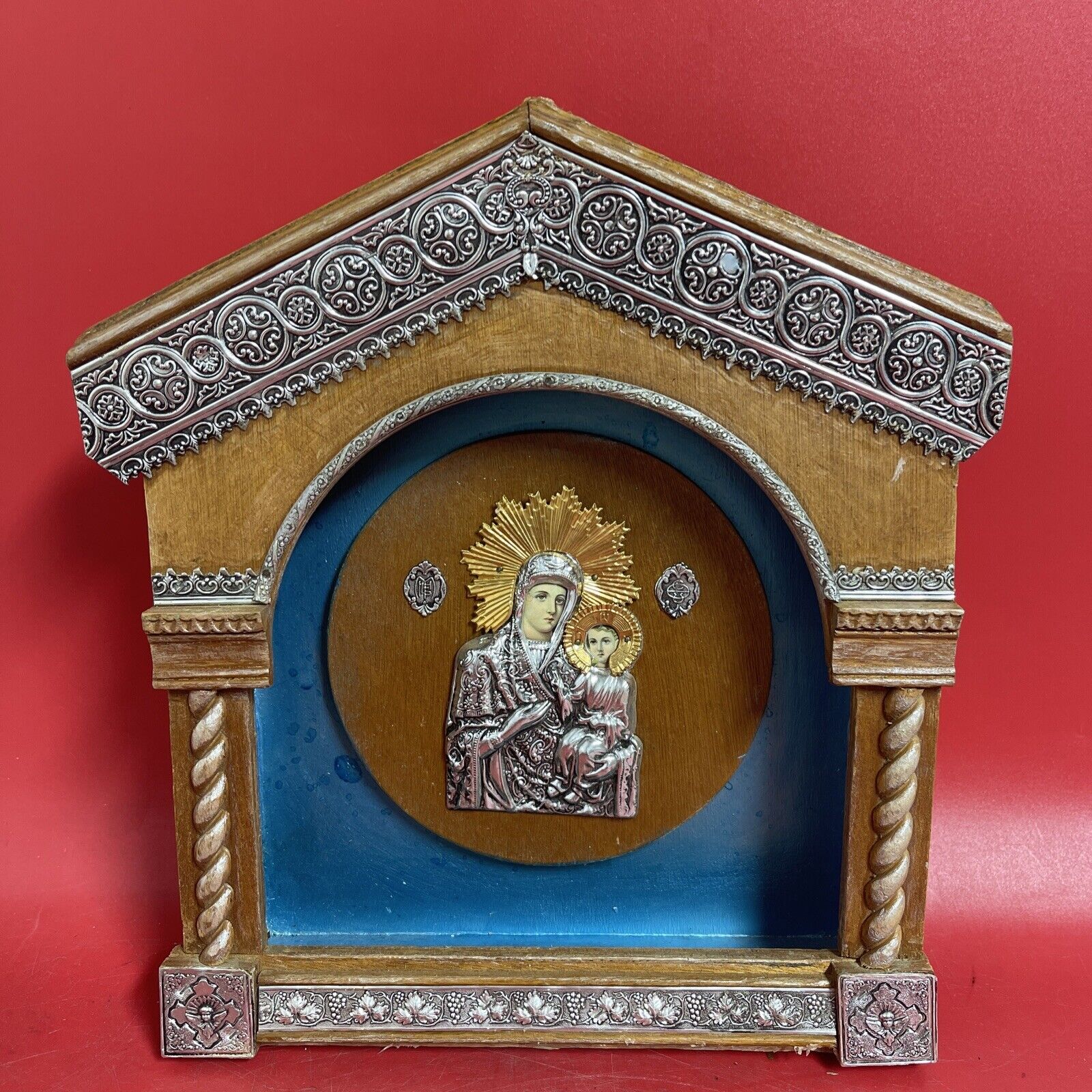 Vintage Orthodox Icon Mary Baby Jesus Large Shadow Box Emboss Carved W ...