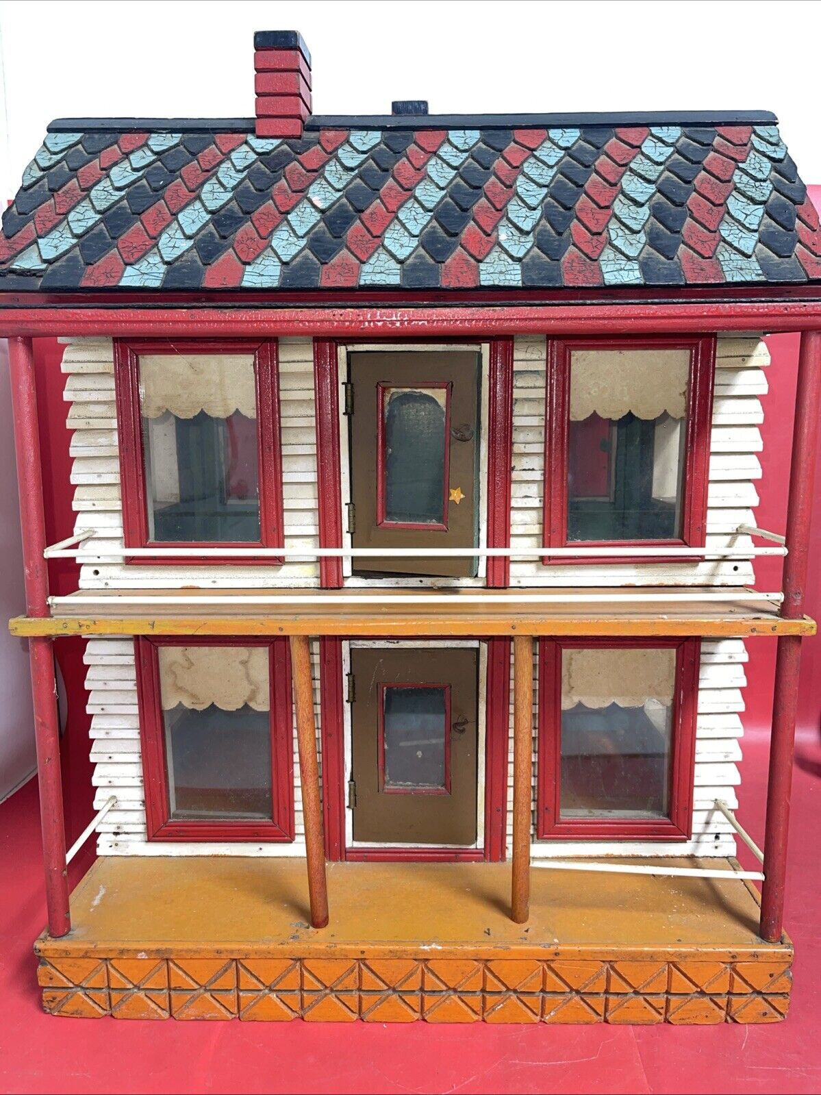 Vintage wooden dollhouse, two-story. Windows - red, removable roof ...